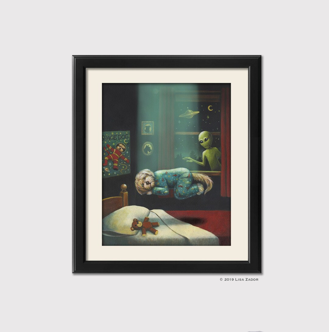 Humorous UFO Aliens and Dog Print From Original Artwork, Dog in Pajamas ...
