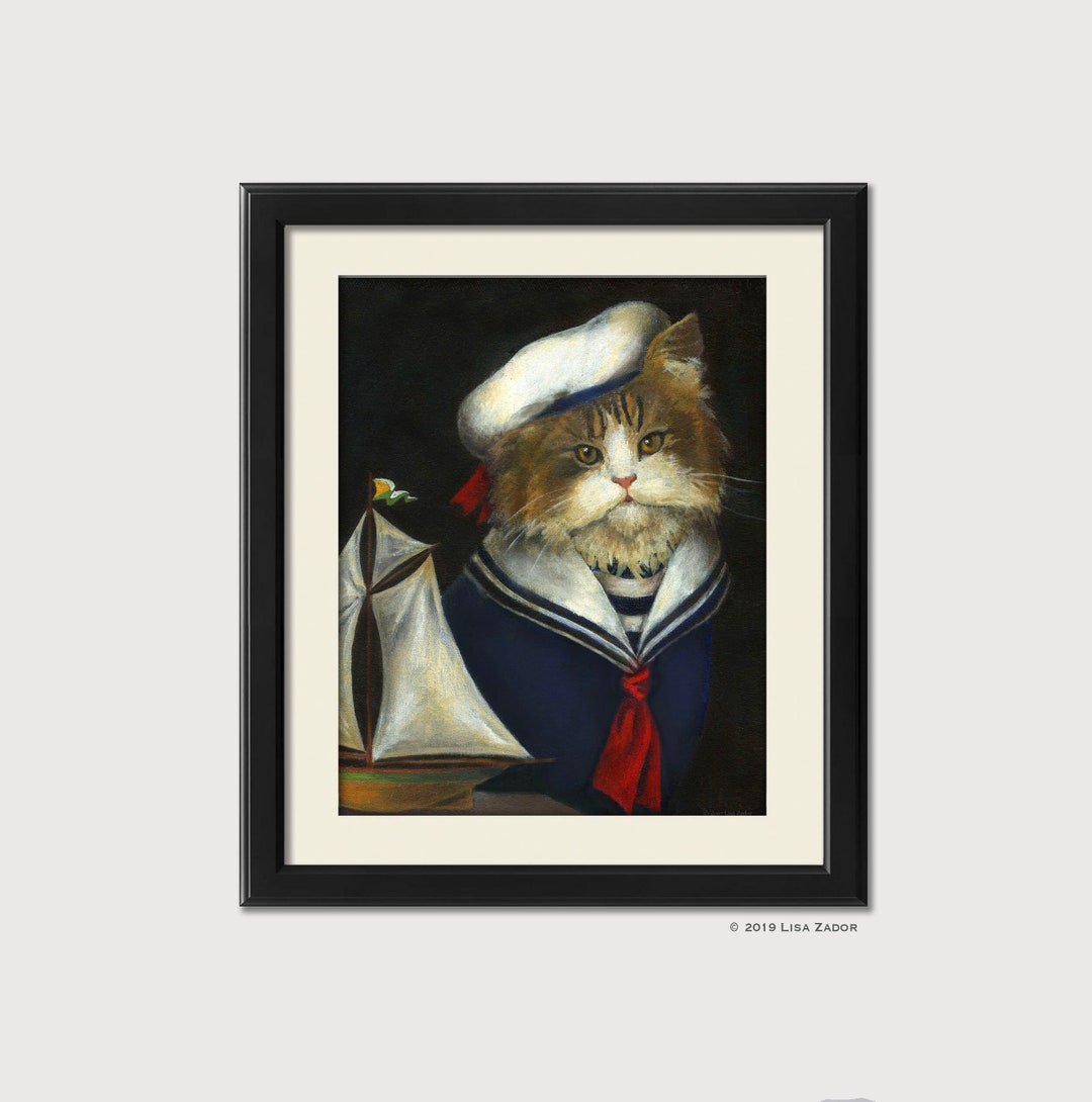 Nautical Cat Sailor Portrait From Original Artwork - Funny Cat Art for ...