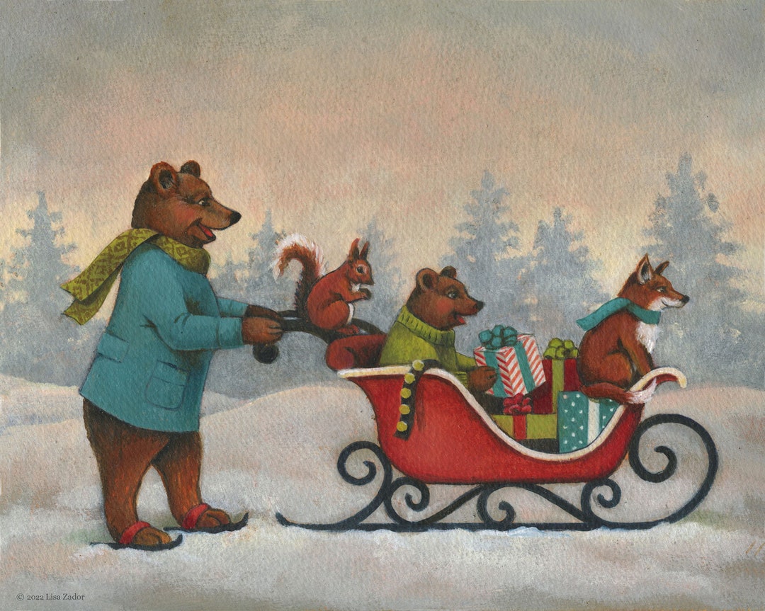 Christmas Bear With Sled Print, Father and Som Bear Portrait, Woodland ...
