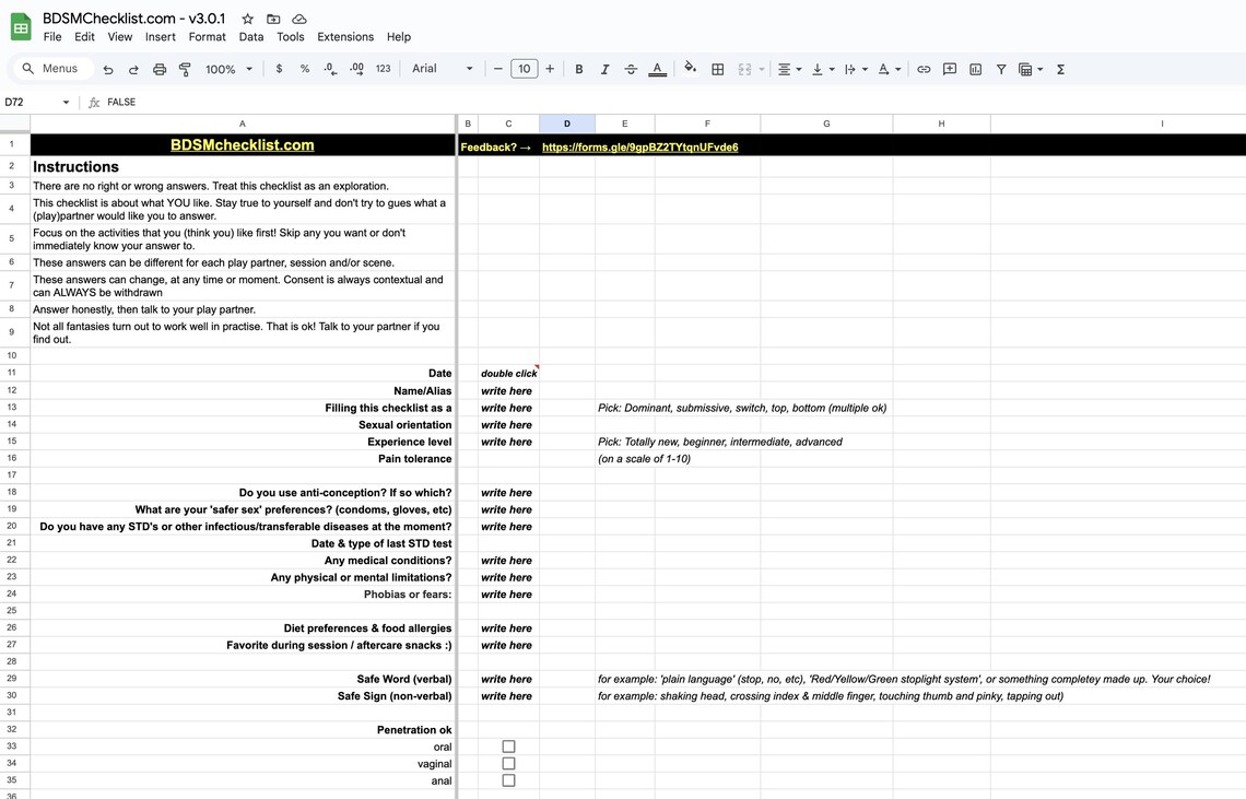 BDSM Checklist | Google Sheets Template | Kink Discovery & Negotiation - Etsy