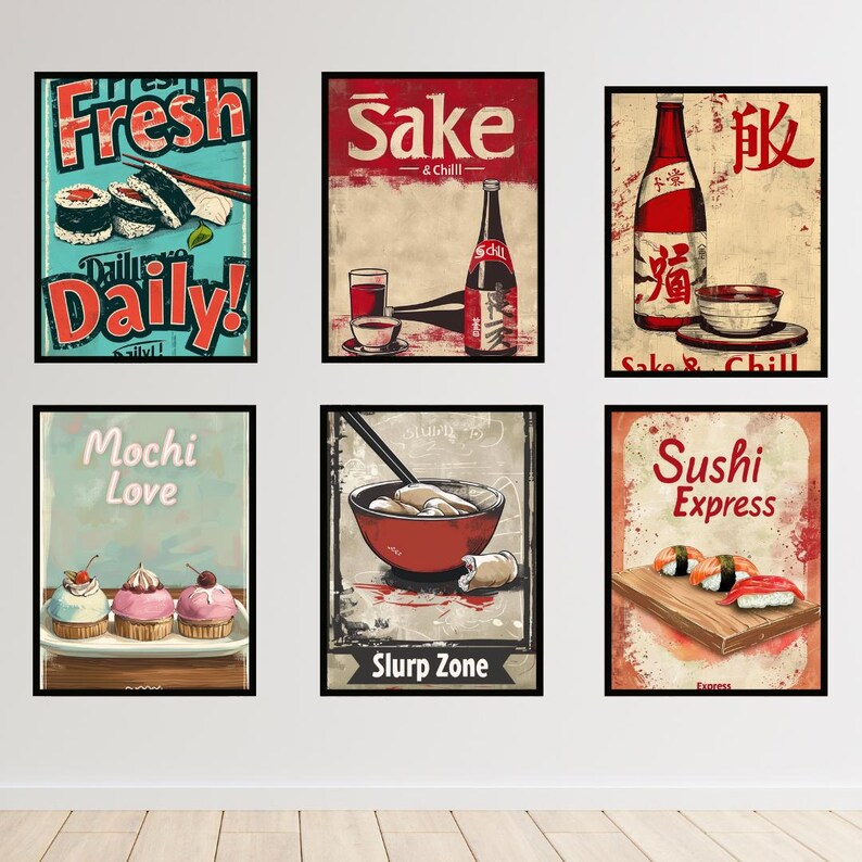 Retro Japanese Ramen & Sushi Poster Set | Vintage Tokyo Kitchen Prints ...