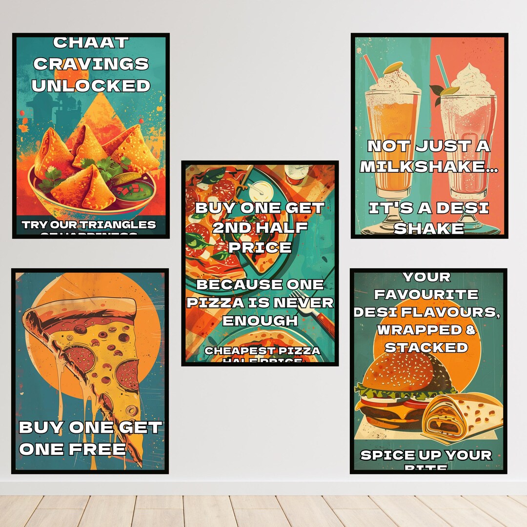 Retro Desi Food Poster Set | Vintage Burger, Pizza, Chaat Prints ...