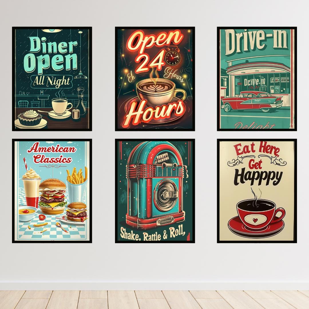 Retro Diner Print Set: 1950s Cafe Posters (A3 Digital Download) - Etsy