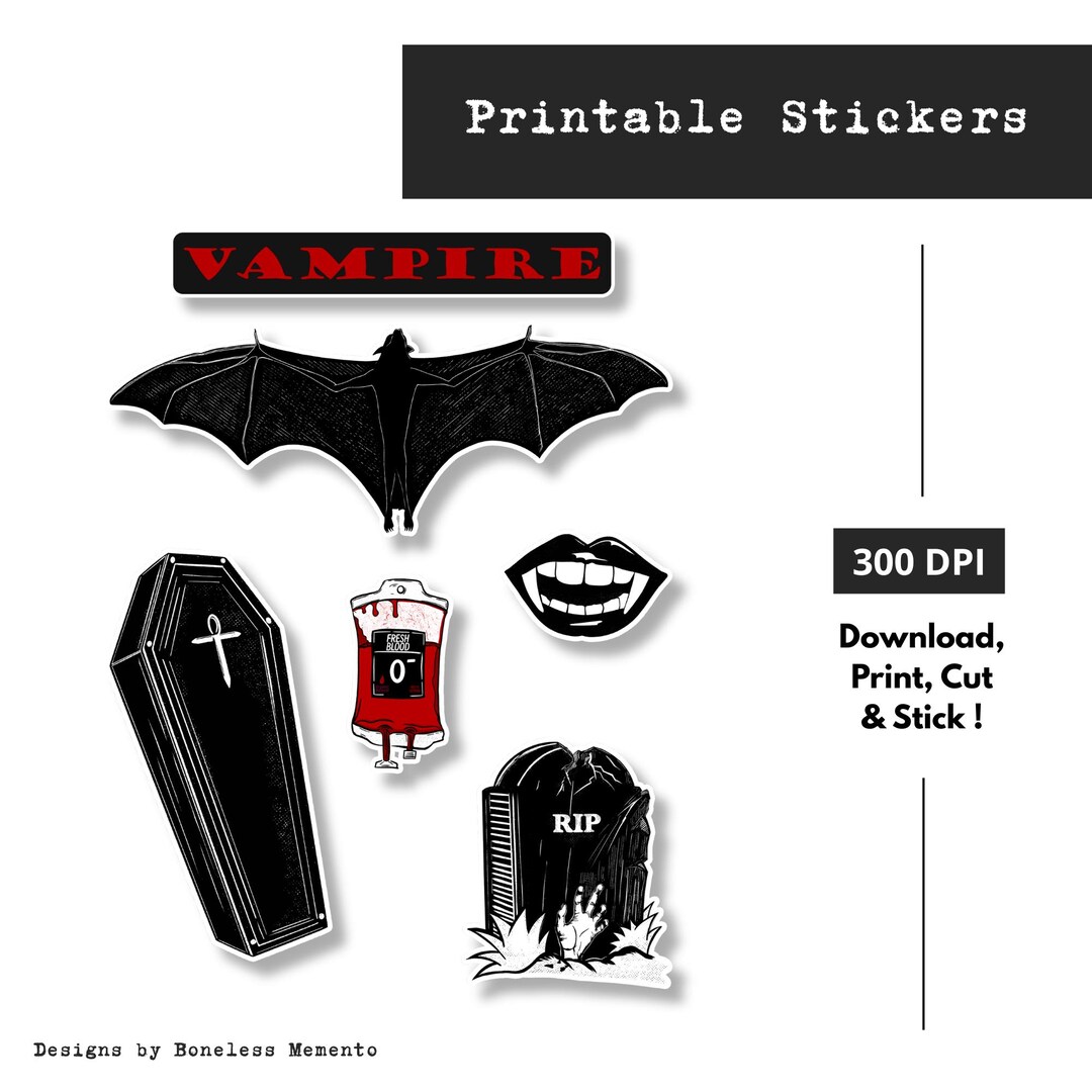 Printable Vampire Stickers, PNG Sticker Sheet, Printable Goth Stickers ...