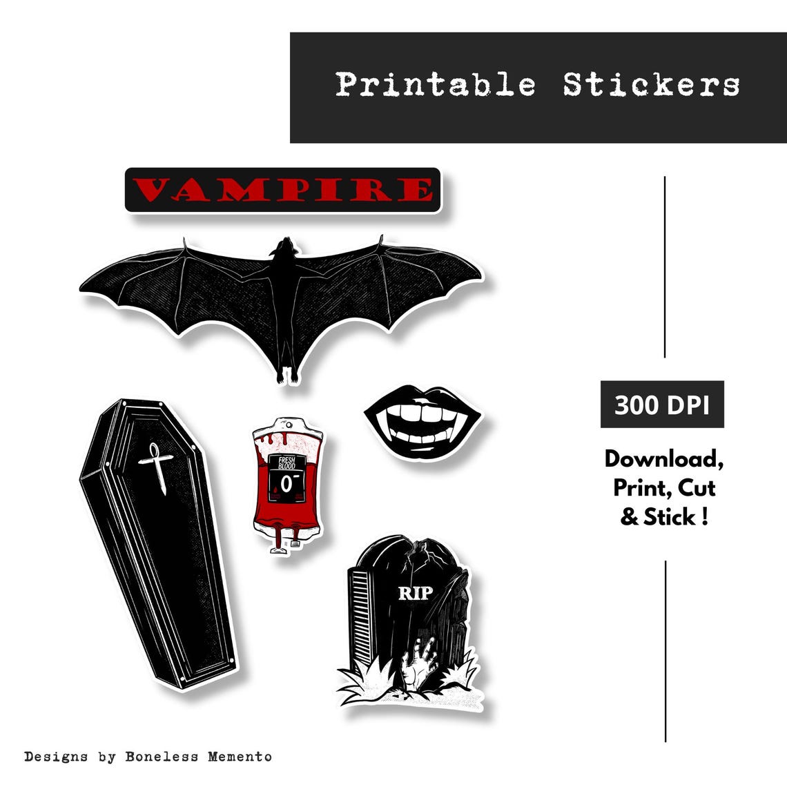 Printable Vampire Stickers, PNG Sticker Sheet, Printable Goth Stickers ...