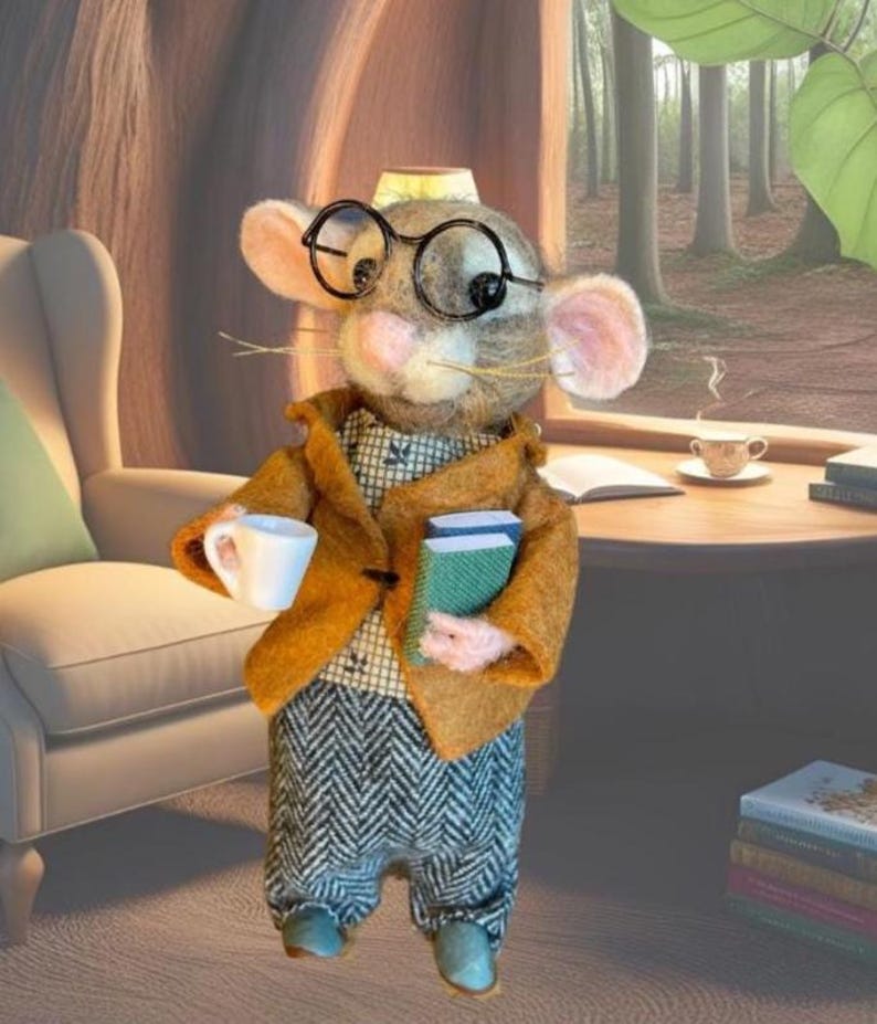 Needle Felted Mouse Chester – 5" Handmade Wool Mouse With Glasses, Blue Tweed Pants & Brown ...