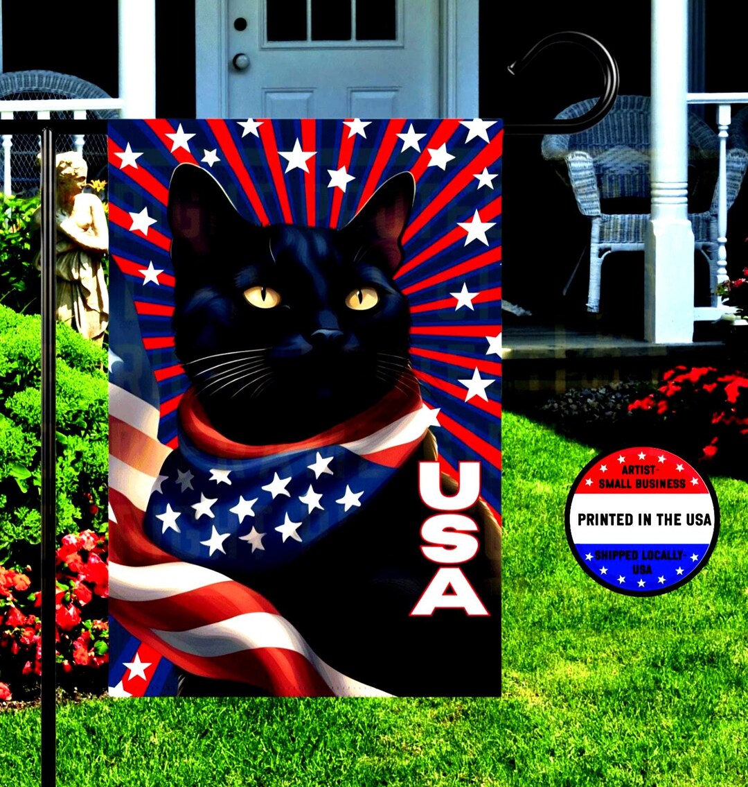 Cat American Flag, Black Cat USA Fourth of July Patriotic Banner Flag ...