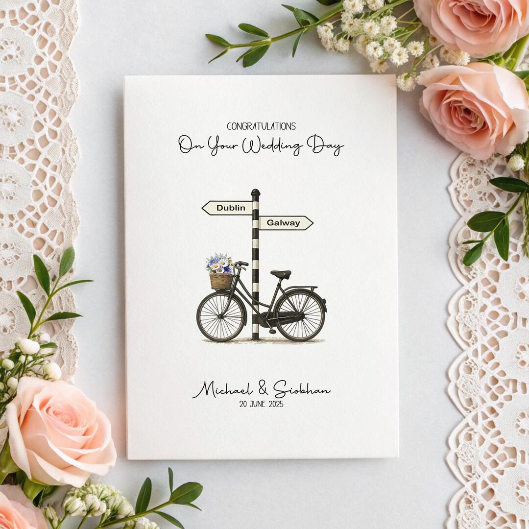 Irish Wedding Card, Personalised Signpost and Bike Design With County ...