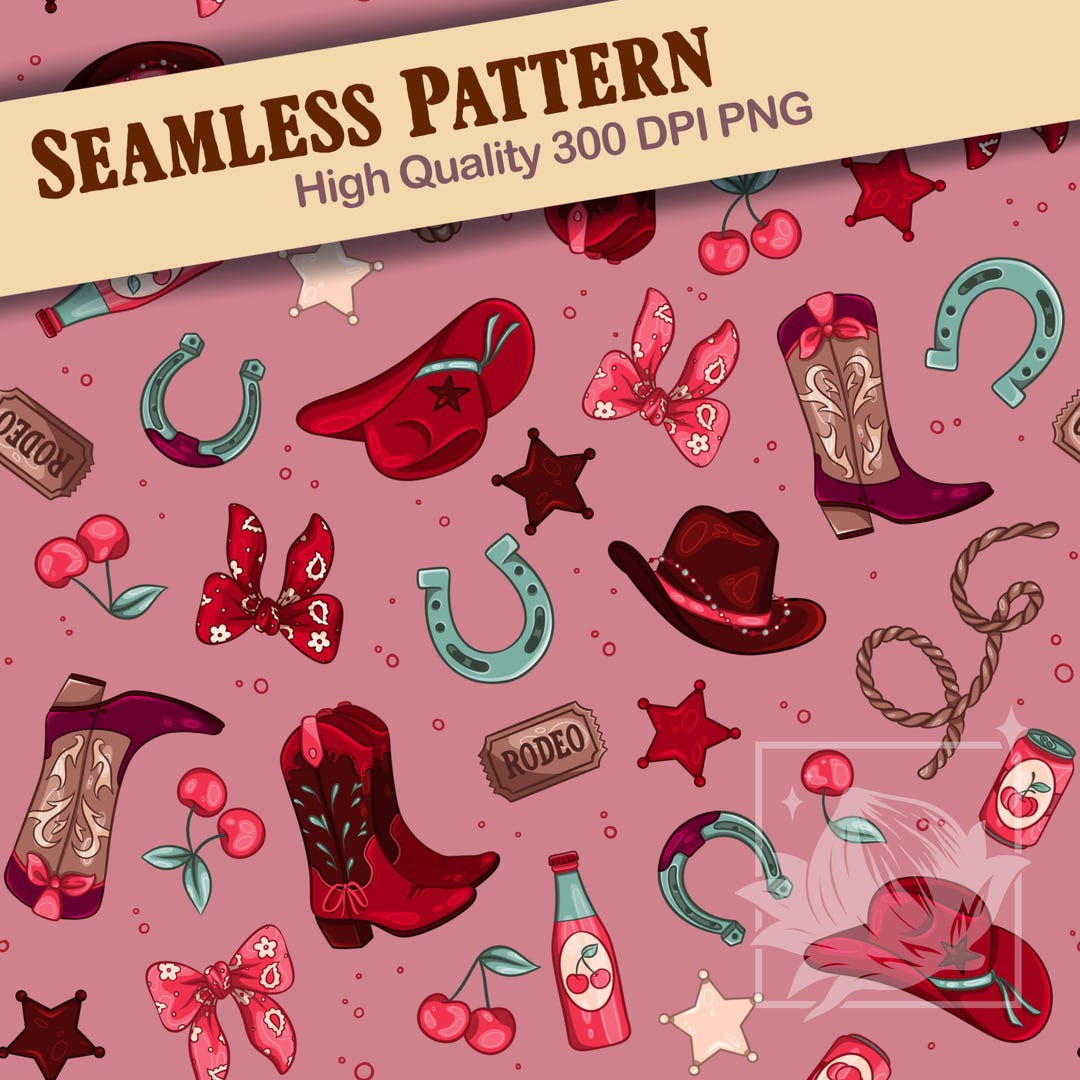 Cowgirl Crush | Cherry Cola Rodeo Seamless Pattern – 300 DPI PNG ...