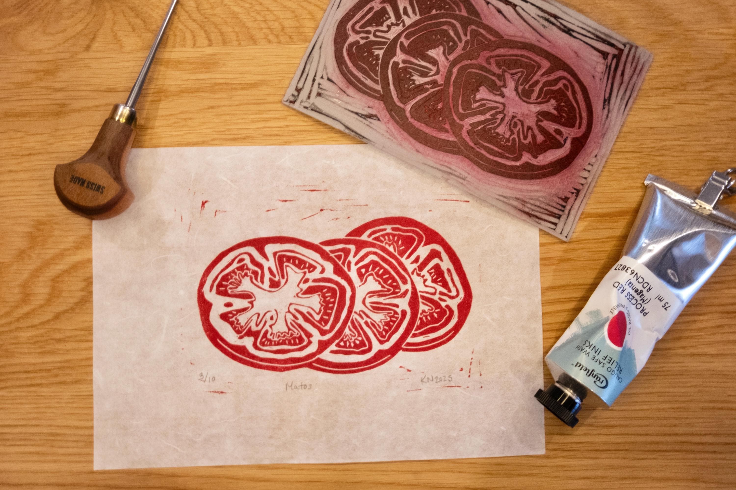 Mato - Handmade Handprinted Tomato Slice Cooking Gardening Linocut ...