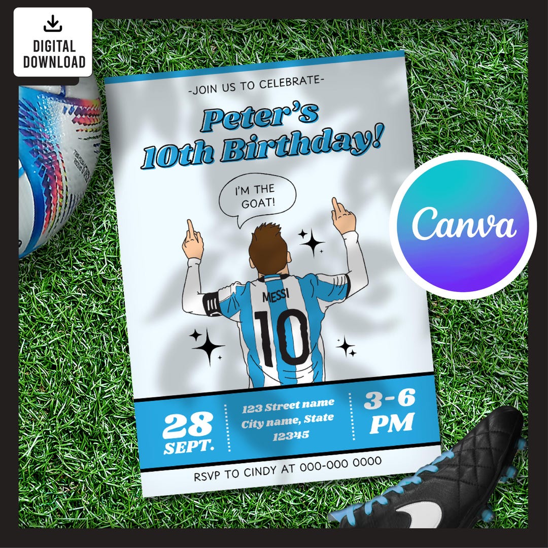 Messi Soccer Birthday Invitation Card: Editable Template (digital ...