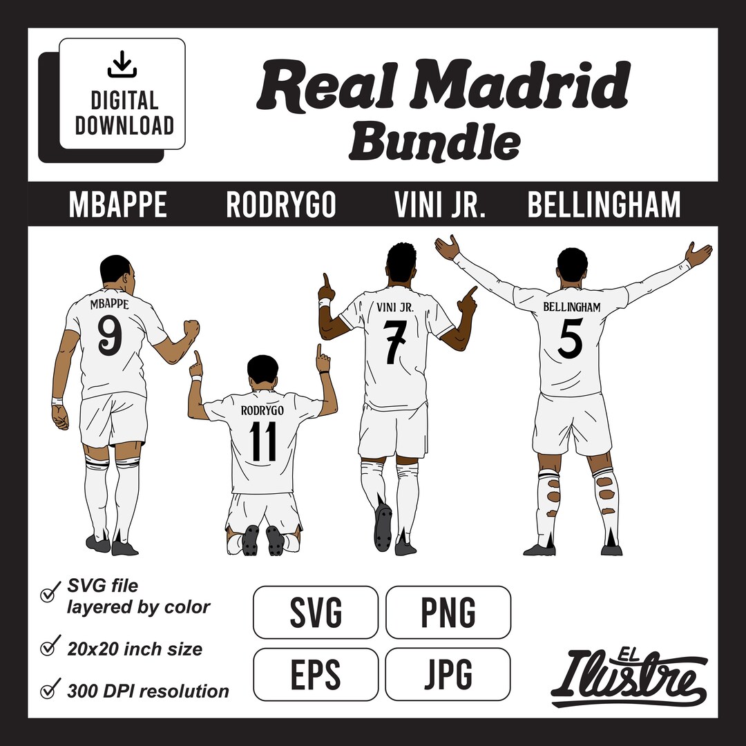 Real Madrid Svg File, Soccer Bundle Svg, Vini Jr, Mbappe, Bellingham ...