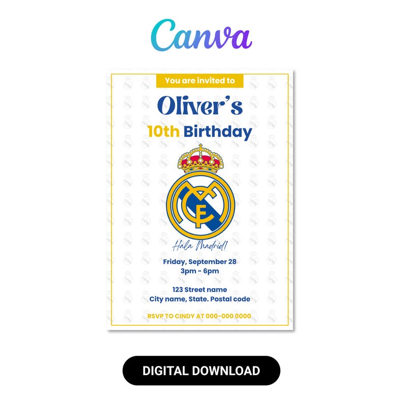 Editable Real Madrid Birthday Invitation | Canva Template | Printable ...