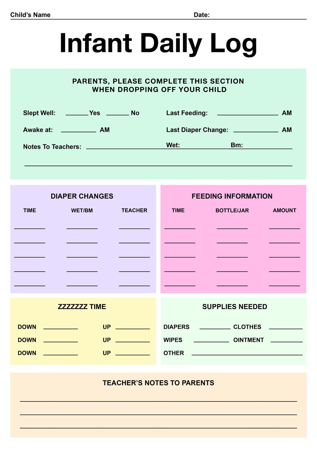 Infant Daily Log Report - Daily Log Infant - Day Care Infant Daily Log ...