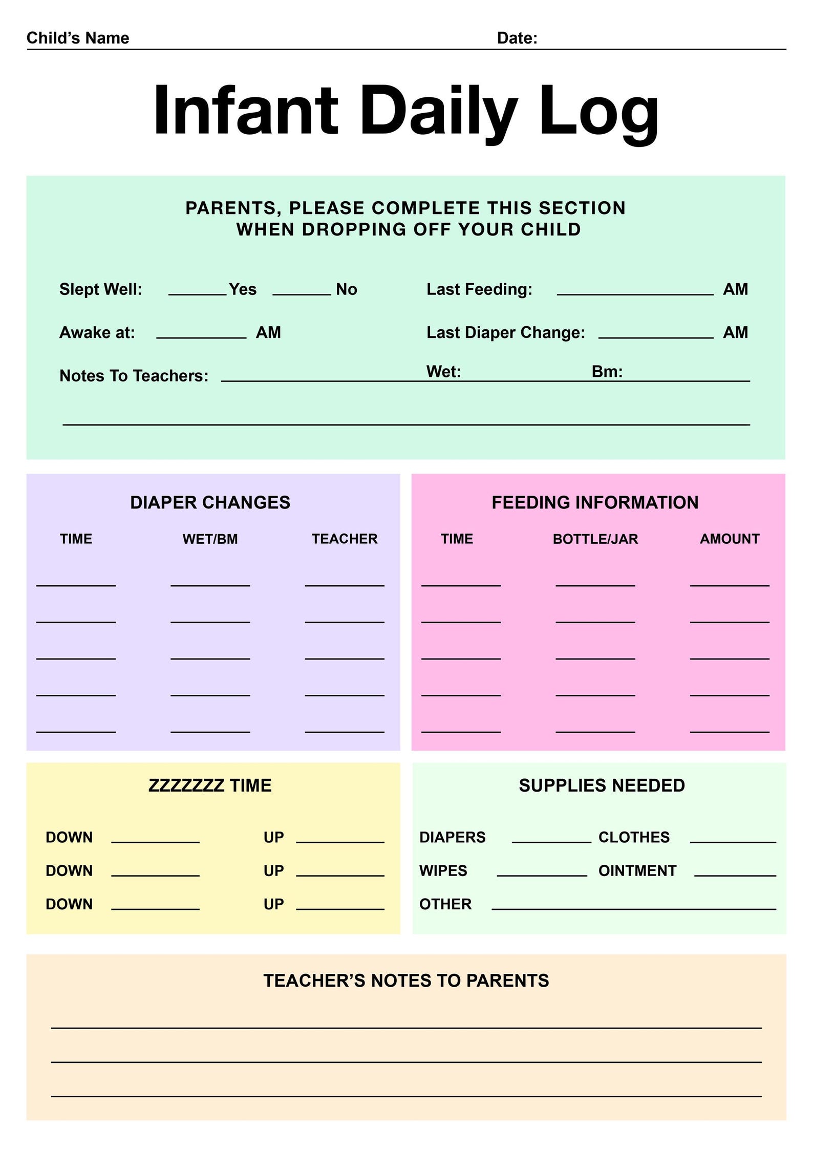 Infant Daily Log Report - Daily Log Infant - Day Care Infant Daily Log ...