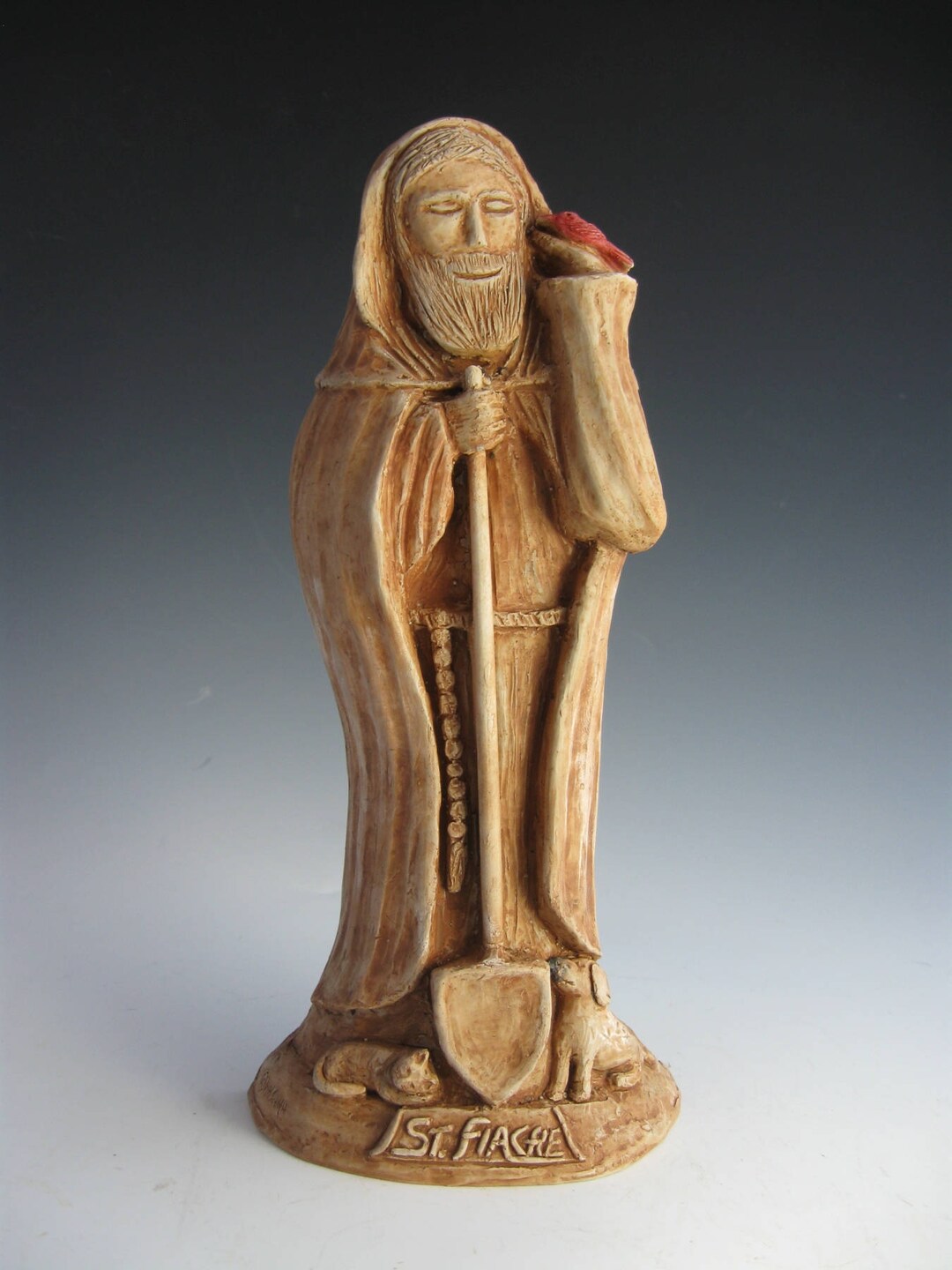 Handmade Statue of St. Fiacre, Patron of Gardeners, With Cat, Dog, Bird ...