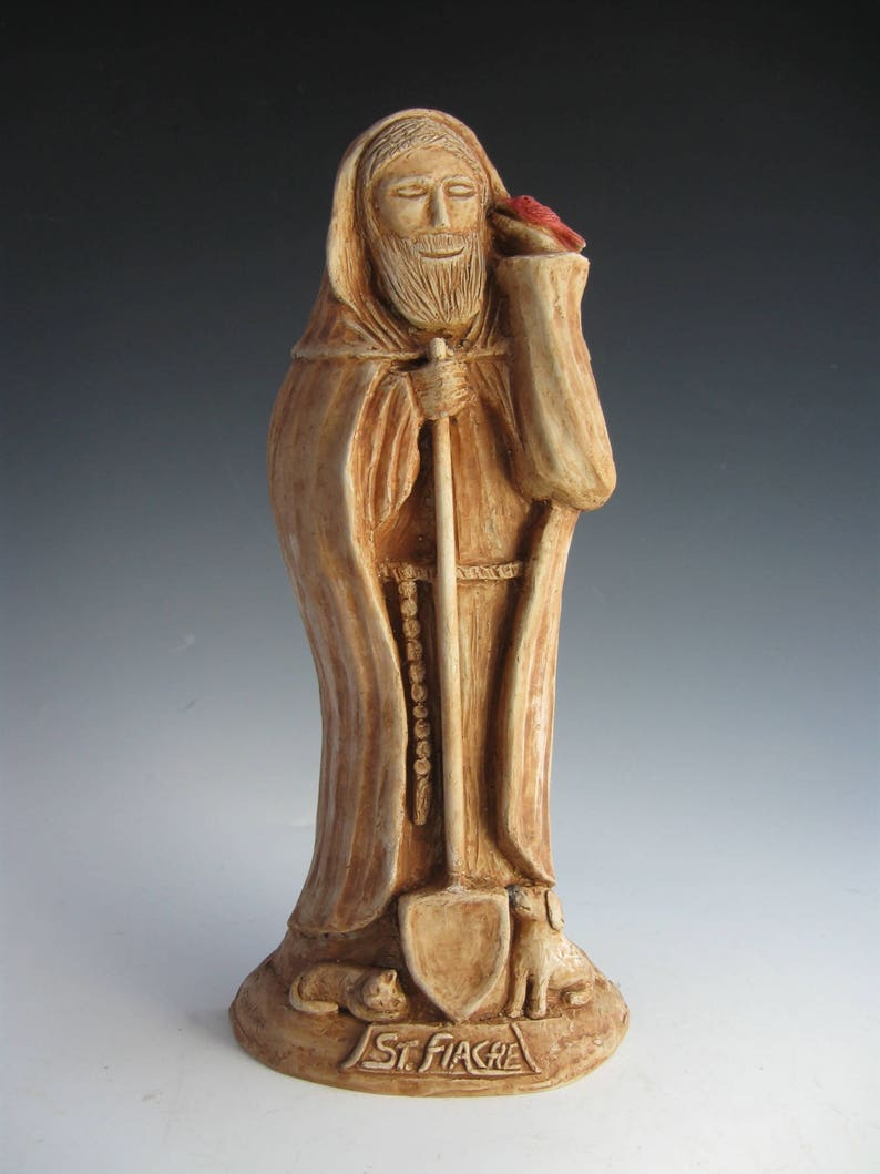 Handmade Statue of St. Fiacre, Patron of Gardeners, With Cat, Dog, Bird ...