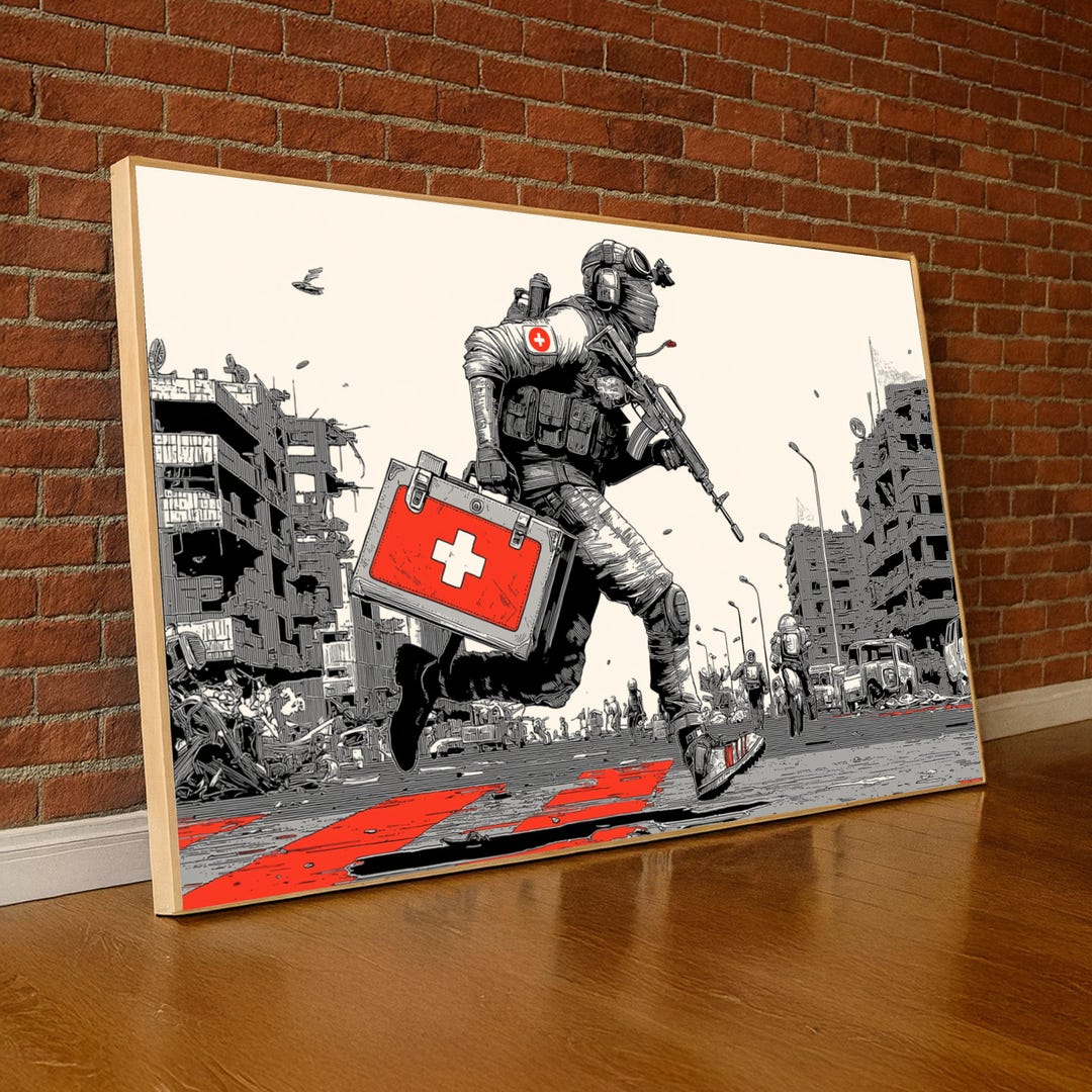 Military Medic Running Canvas Wall Art, Warzone Rescue Scene, Combat ...