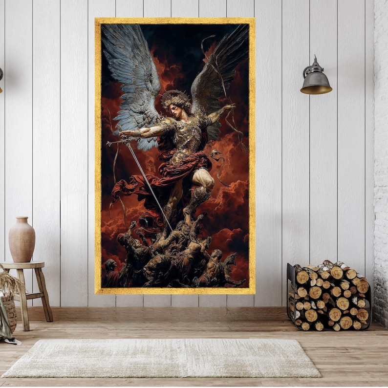 Archangel Michael Defeating Evil, Angelic Warrior Canvas, Spiritual ...