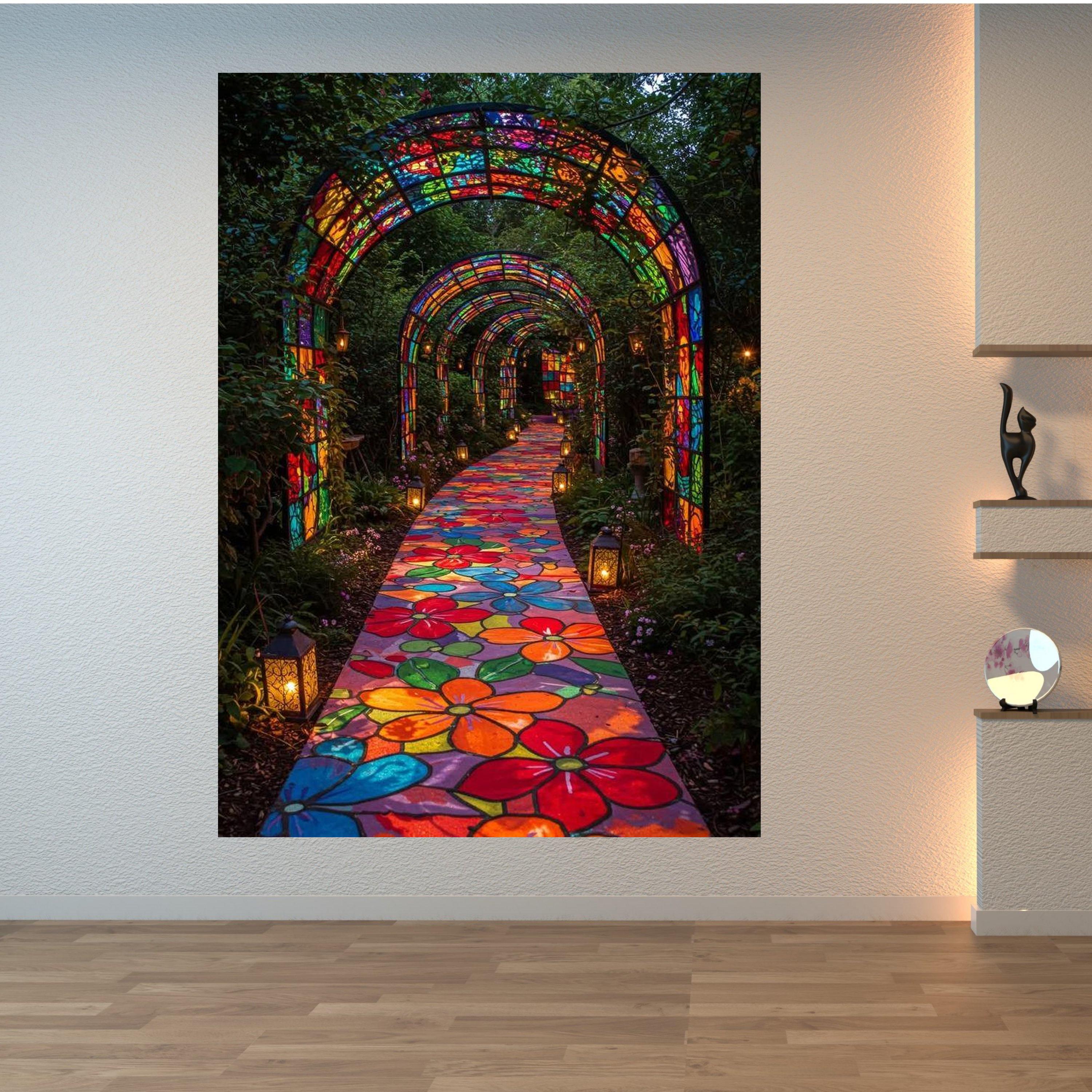 Vibrant Stained Glass Garden Pathway Canvas, Colorful Floral Walkway ...