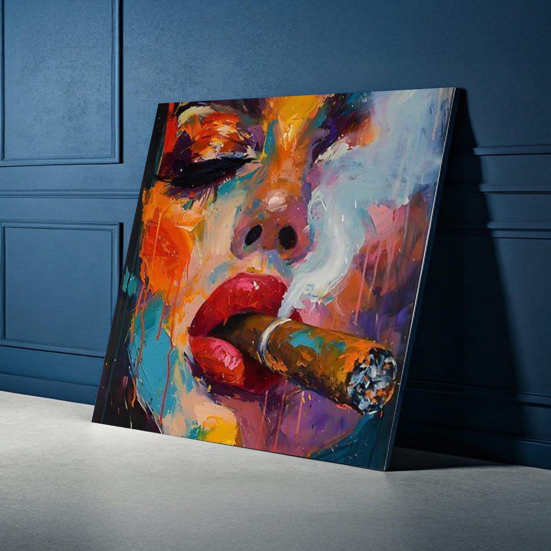 Bold Abstract Woman Smoking Cigar Canvas, Colorful Portrait Wall Art ...