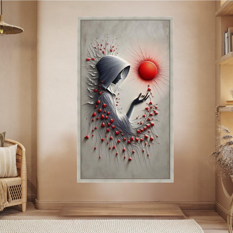 Mystical Hooded Figure With Red Blossoms Canvas, Surreal Woman Art, Red ...