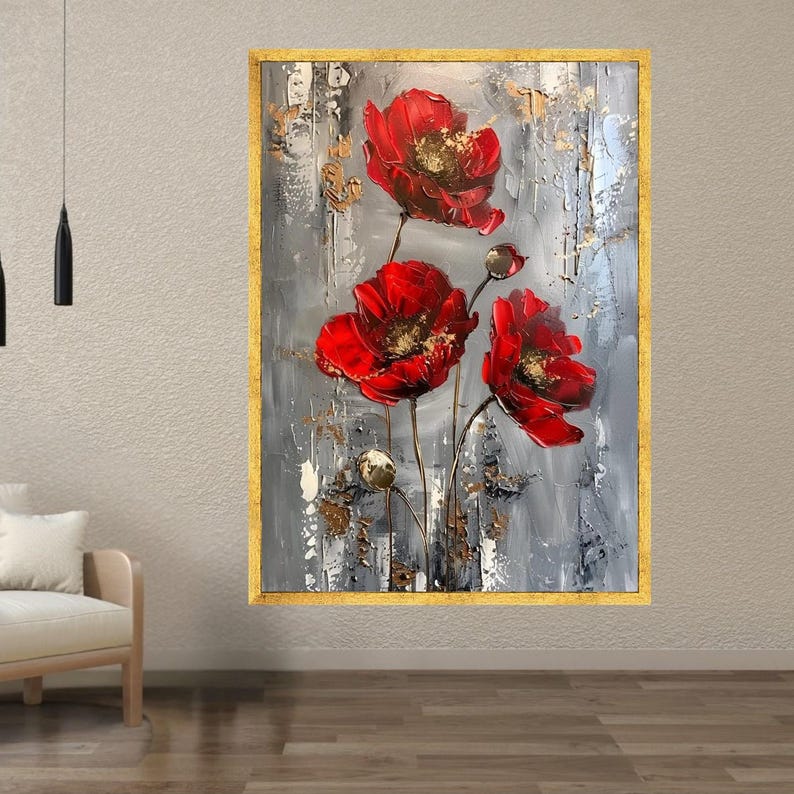 Red Poppy Flowers Canvas Wall Art, Abstract Floral Painting, Modern ...