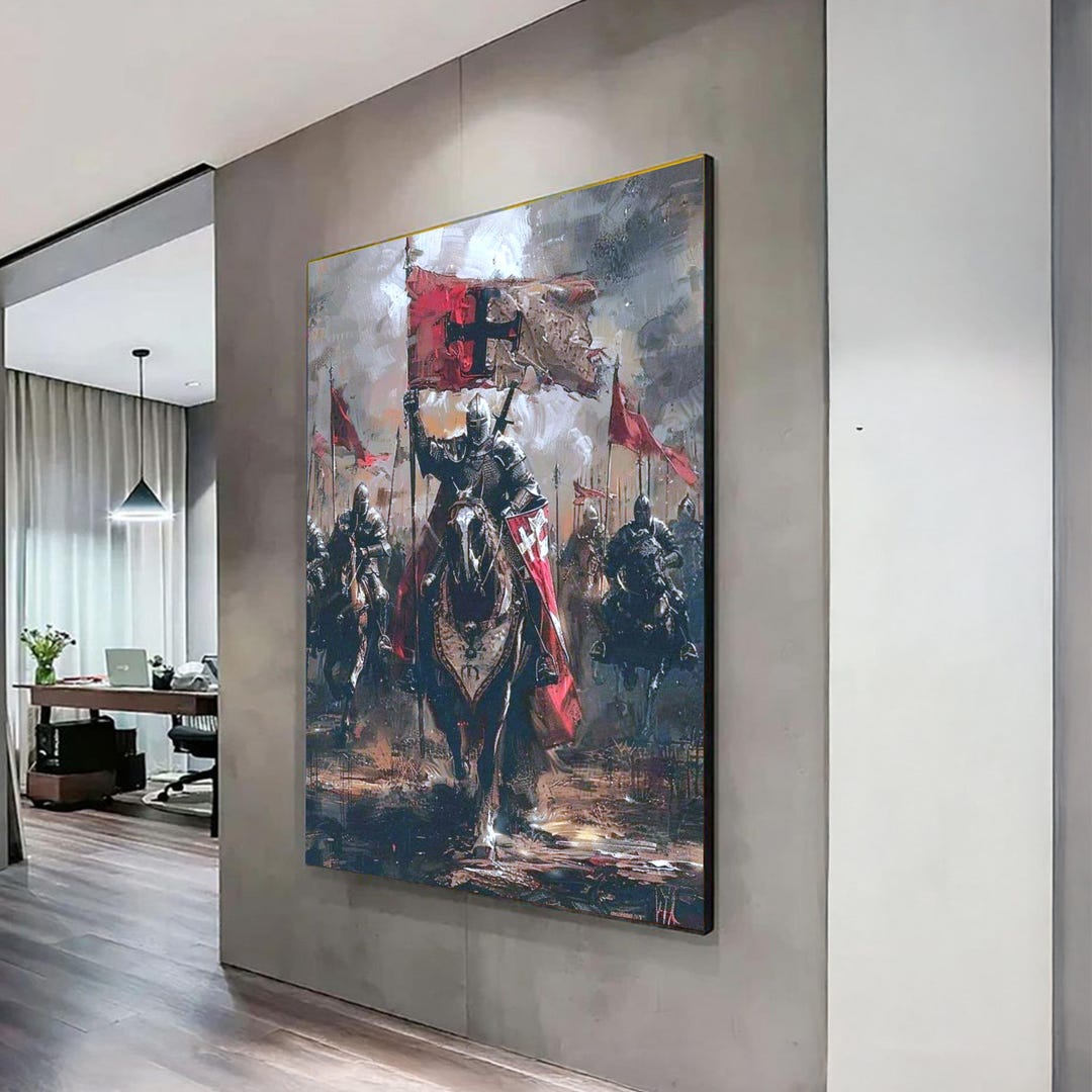 Medieval Knight Charge Canvas, Crusader Horseback Wall Art, Historical ...