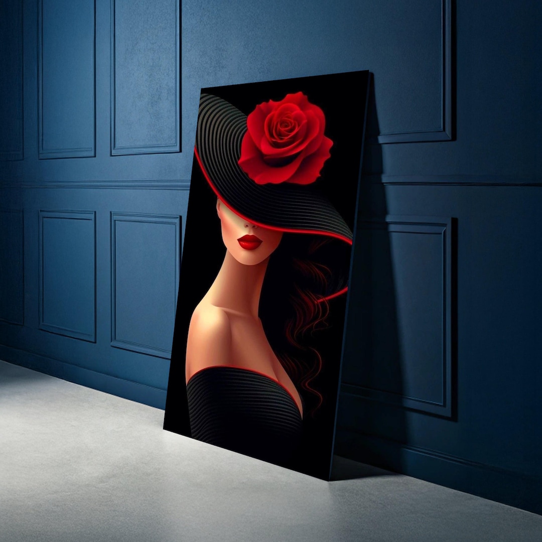 Elegant Woman in Black Wide Brim Hat With Red Rose Canvas, Glamour ...