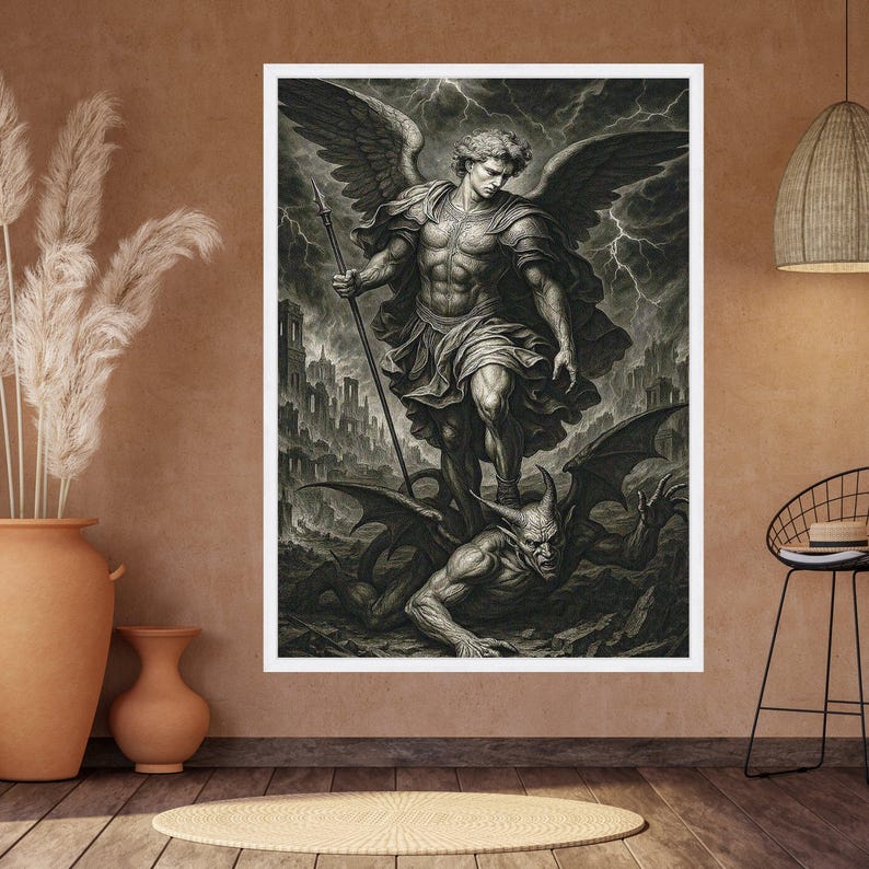 Archangel Michael Defeating Satan Canvas, Religious Wall Art ...