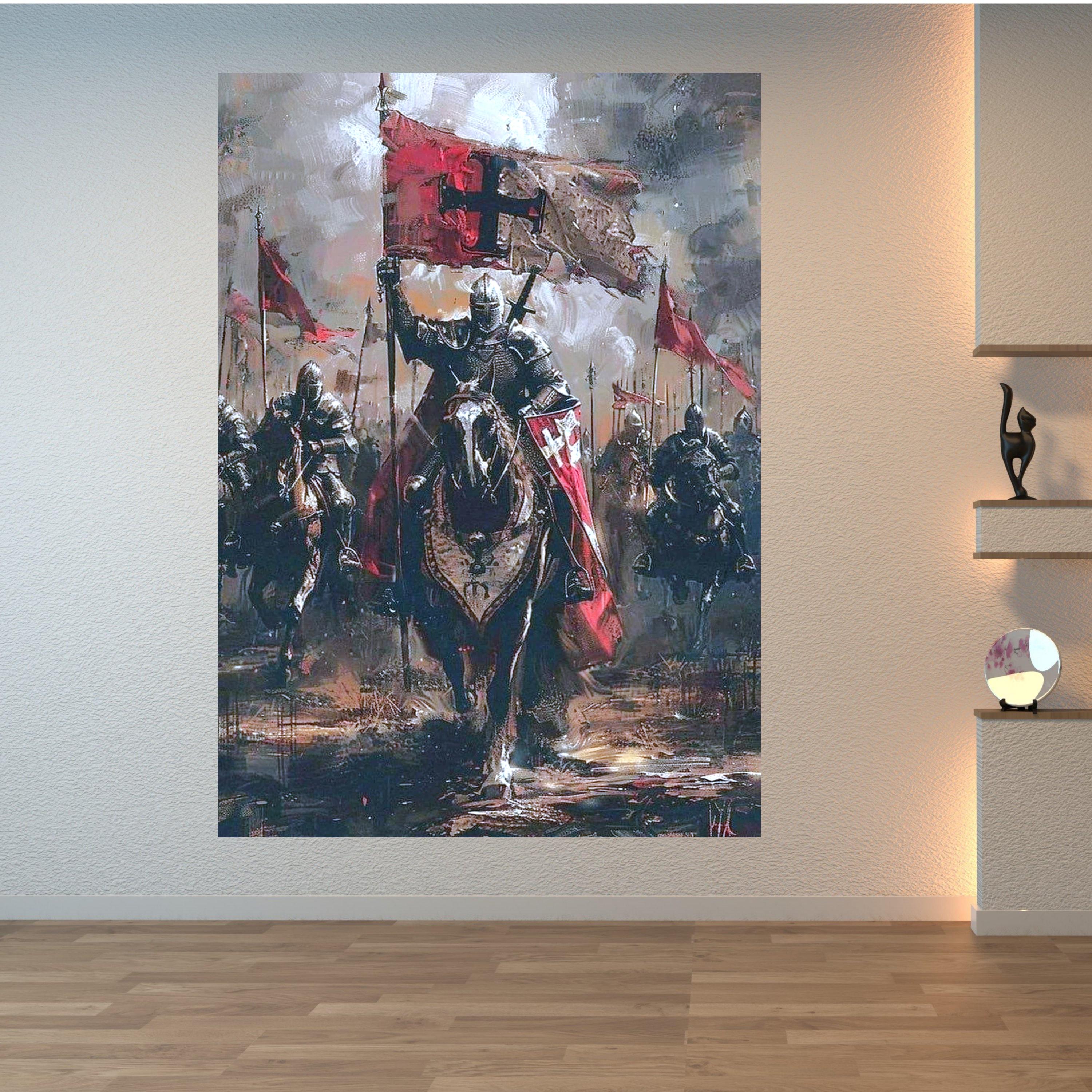 Medieval Knight Charge Canvas, Crusader Horseback Wall Art, Historical ...