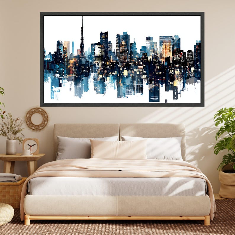 Modern Cityscape Canvas Wall Art, Urban Skyline Painting, Night Lights ...