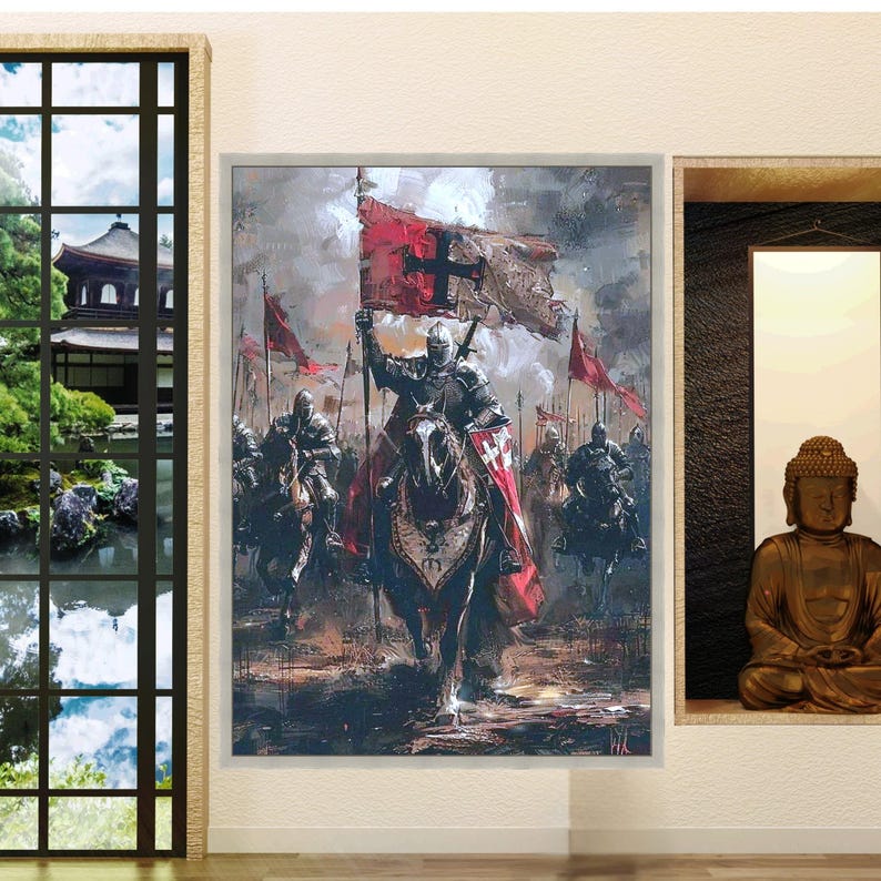 Medieval Knight Charge Canvas, Crusader Horseback Wall Art, Historical ...