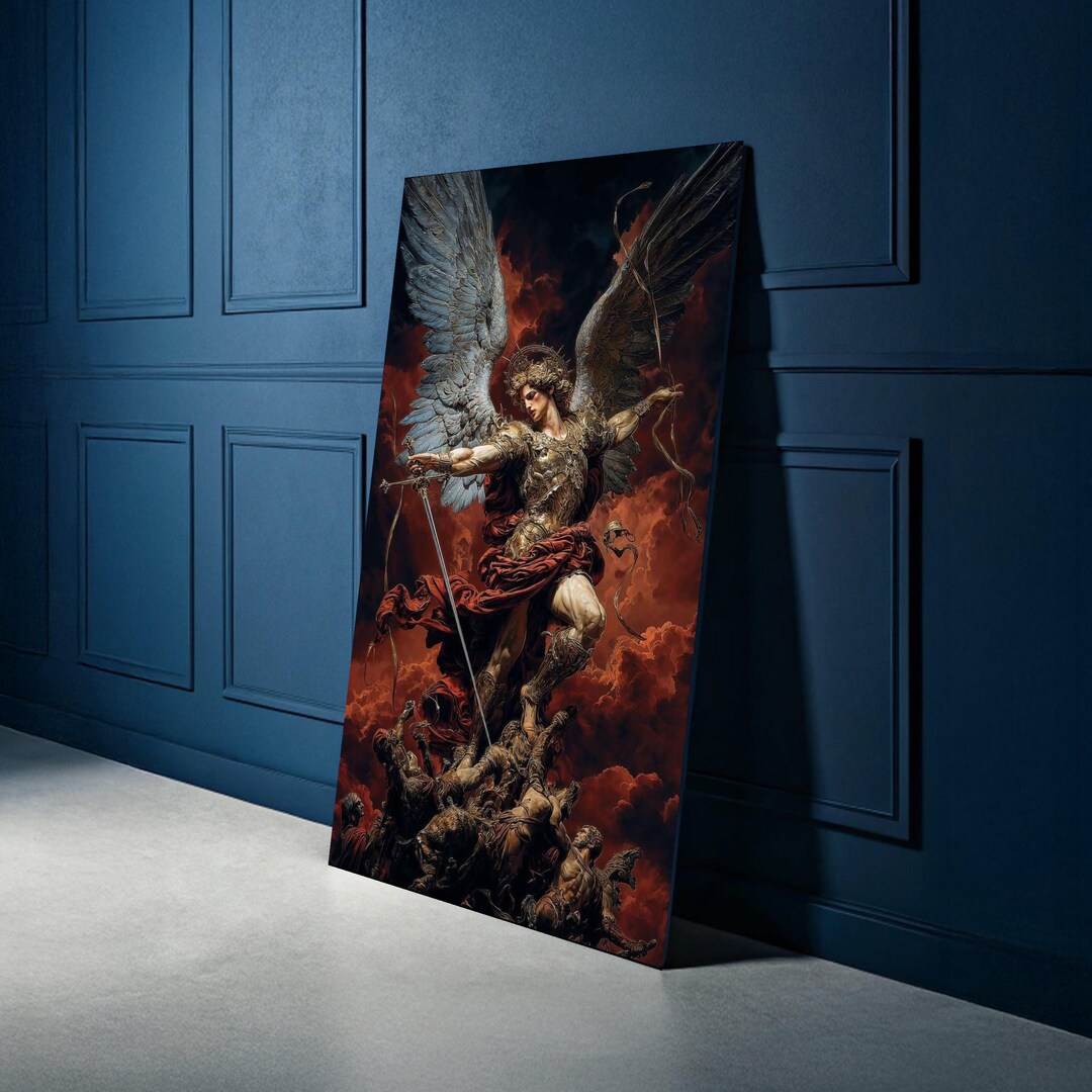 Archangel Michael Defeating Evil, Angelic Warrior Canvas, Spiritual ...