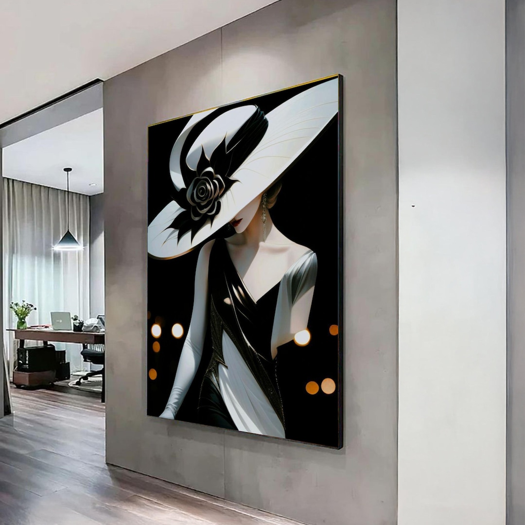 Elegant Woman in Wide Brim Hat Canvas, Black and White Fashion Art ...