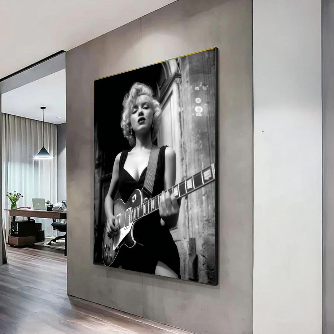 Vintage Glam Rock Star Canvas Wall Art, Retro Black and White Guitar ...