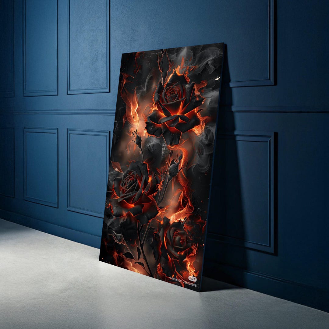 Fiery Black Roses Canvas, Burning Flames Floral Art, Dark Gothic Wall ...