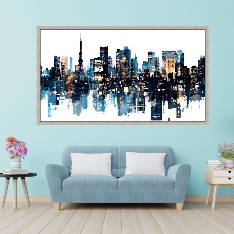 Modern Cityscape Canvas Wall Art, Urban Skyline Painting, Night Lights ...
