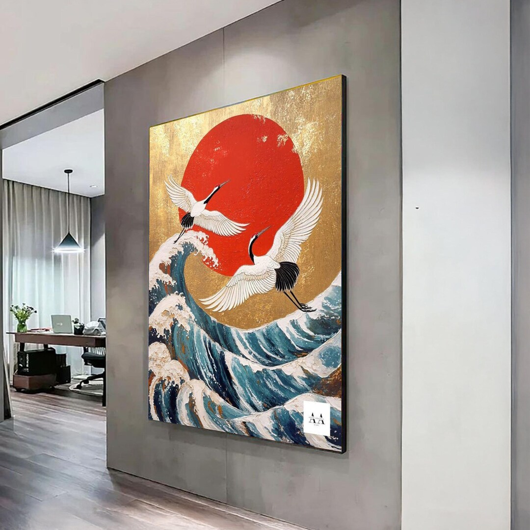 Flying Cranes Over Ocean Waves Canvas, Japanese Red Sun Wall Art, Asian ...
