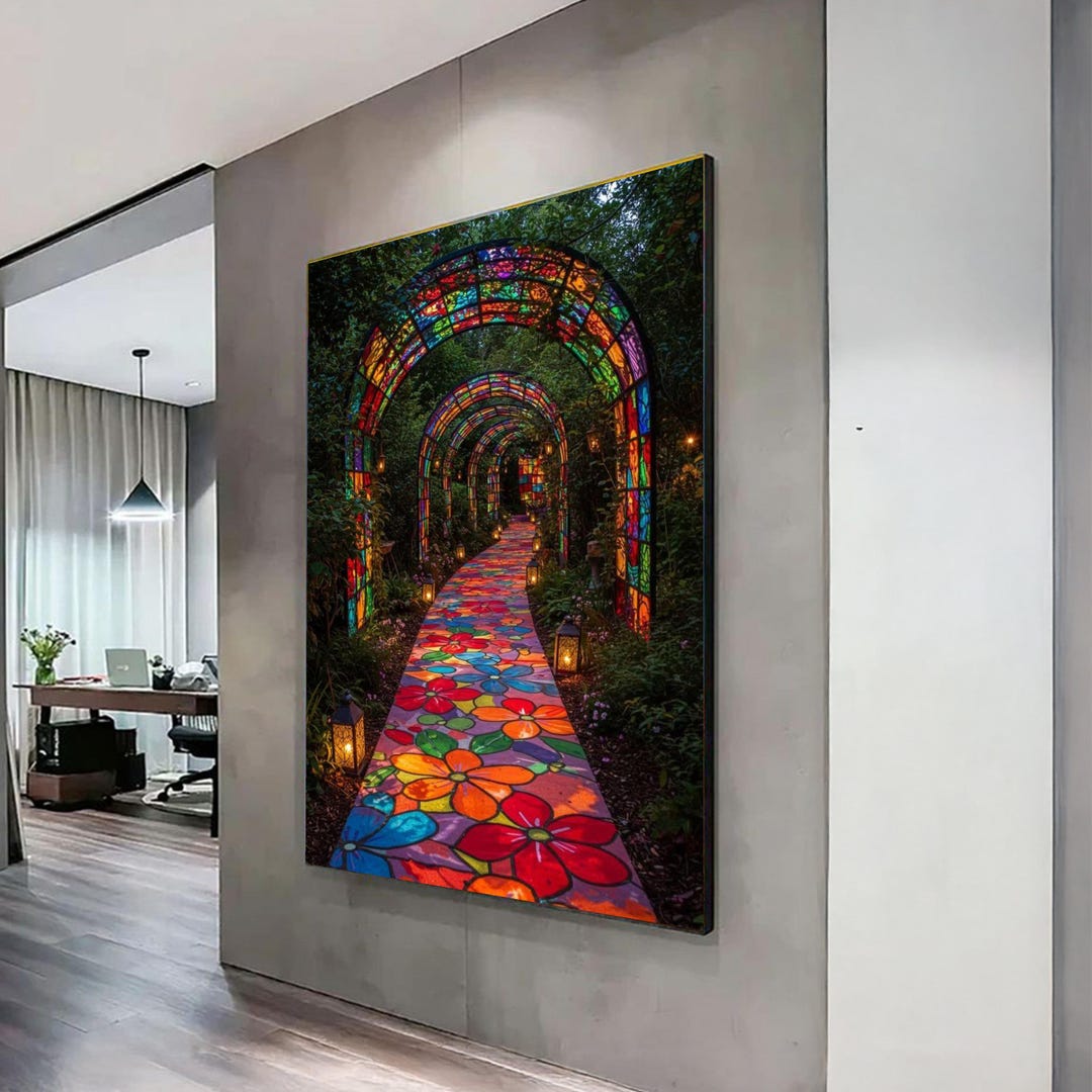 Vibrant Stained Glass Garden Pathway Canvas, Colorful Floral Walkway ...