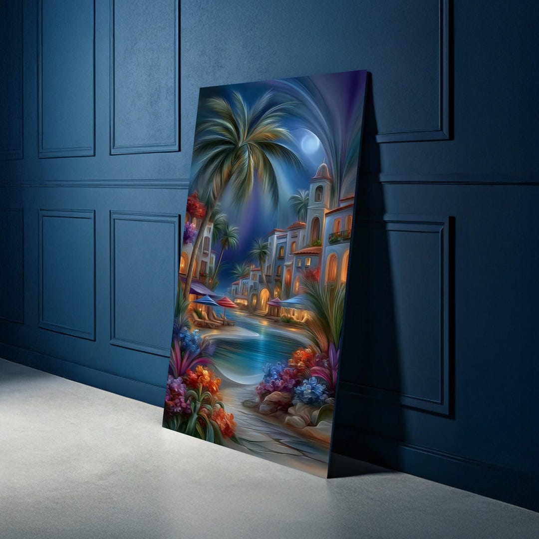 Tropical Nightscape Canvas Wall Art, Coastal Village Scene, Palm Trees ...