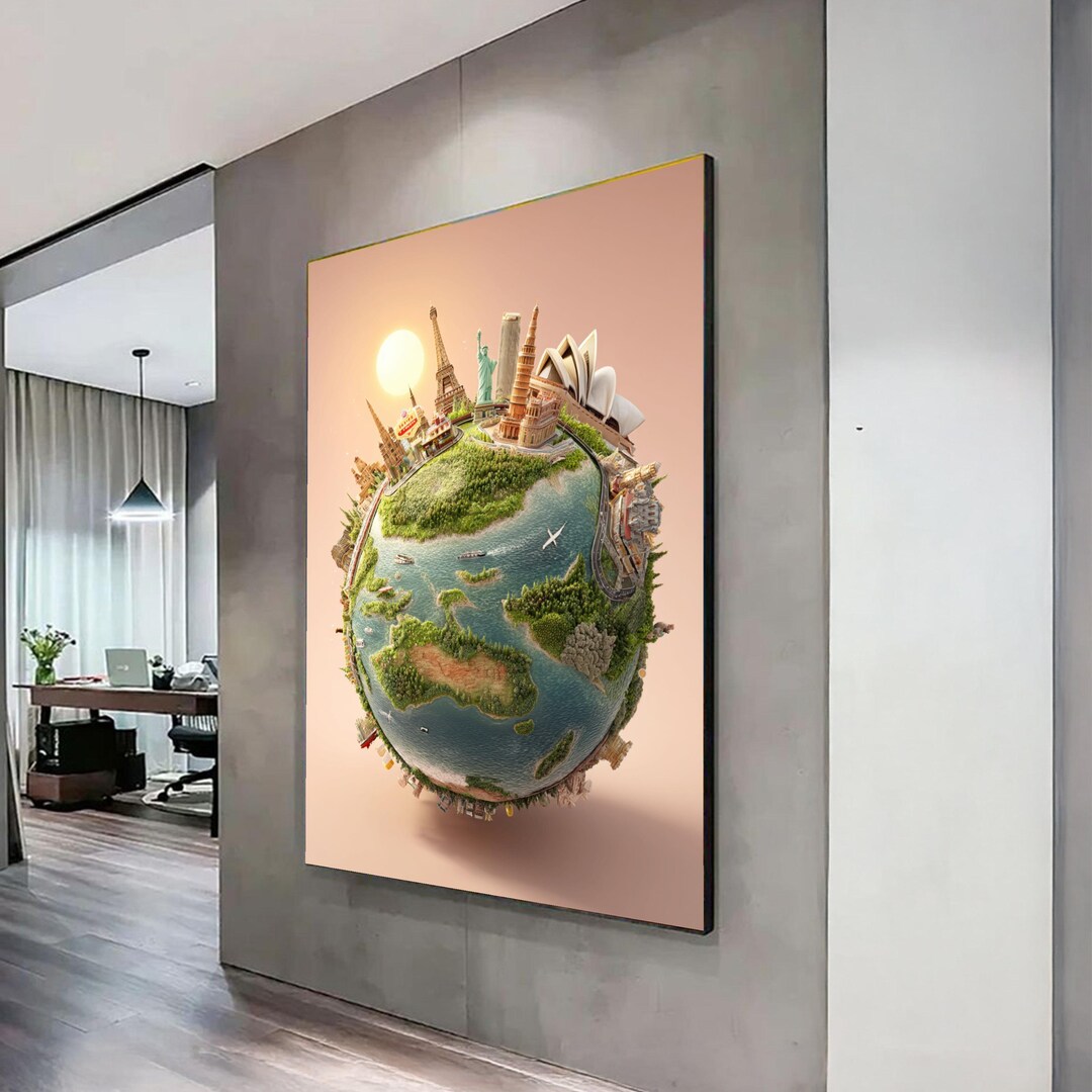World Famous Landmarks Globe Canvas, Travel Destinations Wall Art ...