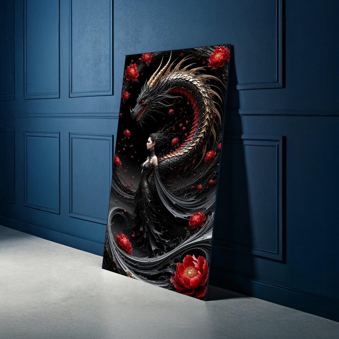 Dark Fantasy Dragon and Woman Canvas, Gothic Mythical Wall Art, Black ...