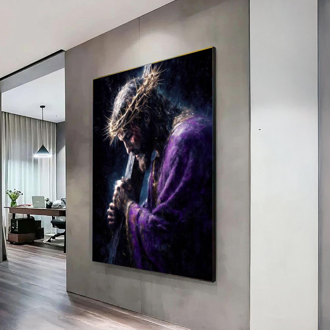 Jesus Carrying Cross Canvas Wall Art, Crown of Thorns Religious ...