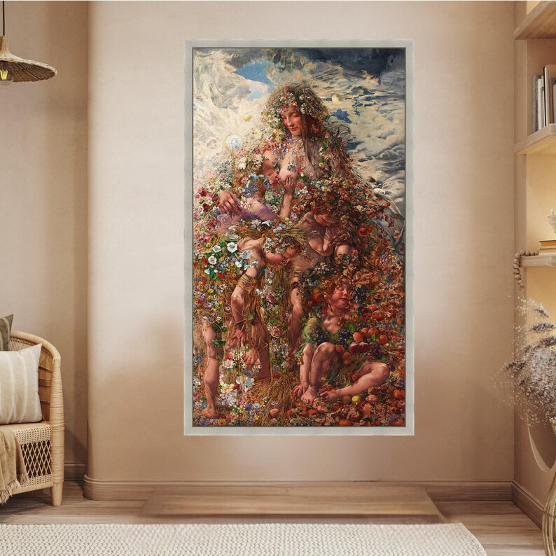 Enchanted Mother Nature With Children Canvas, Floral Fantasy Wall Art ...