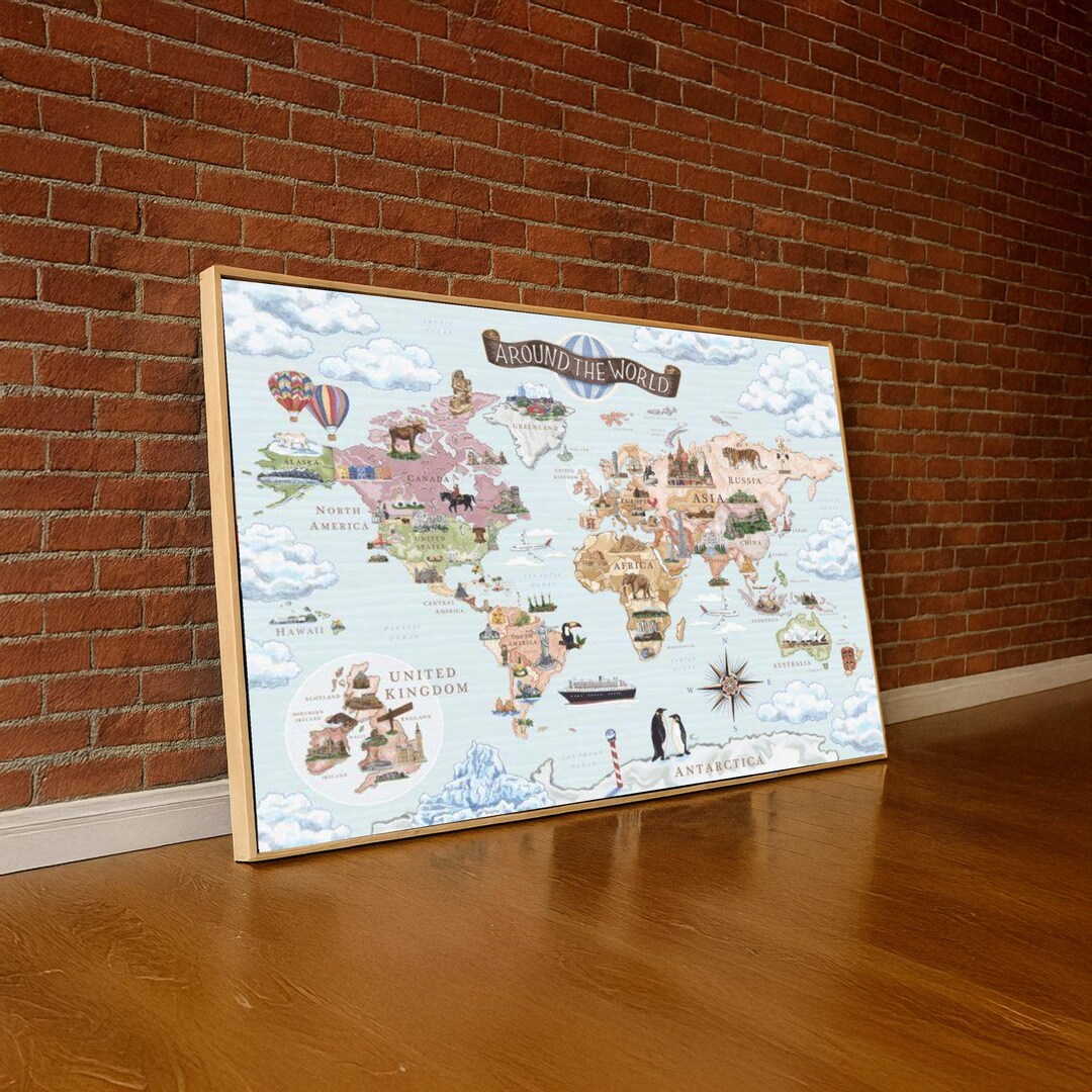 Around the World Canvas Map, Illustrated Animal & Landmark Wall Art ...