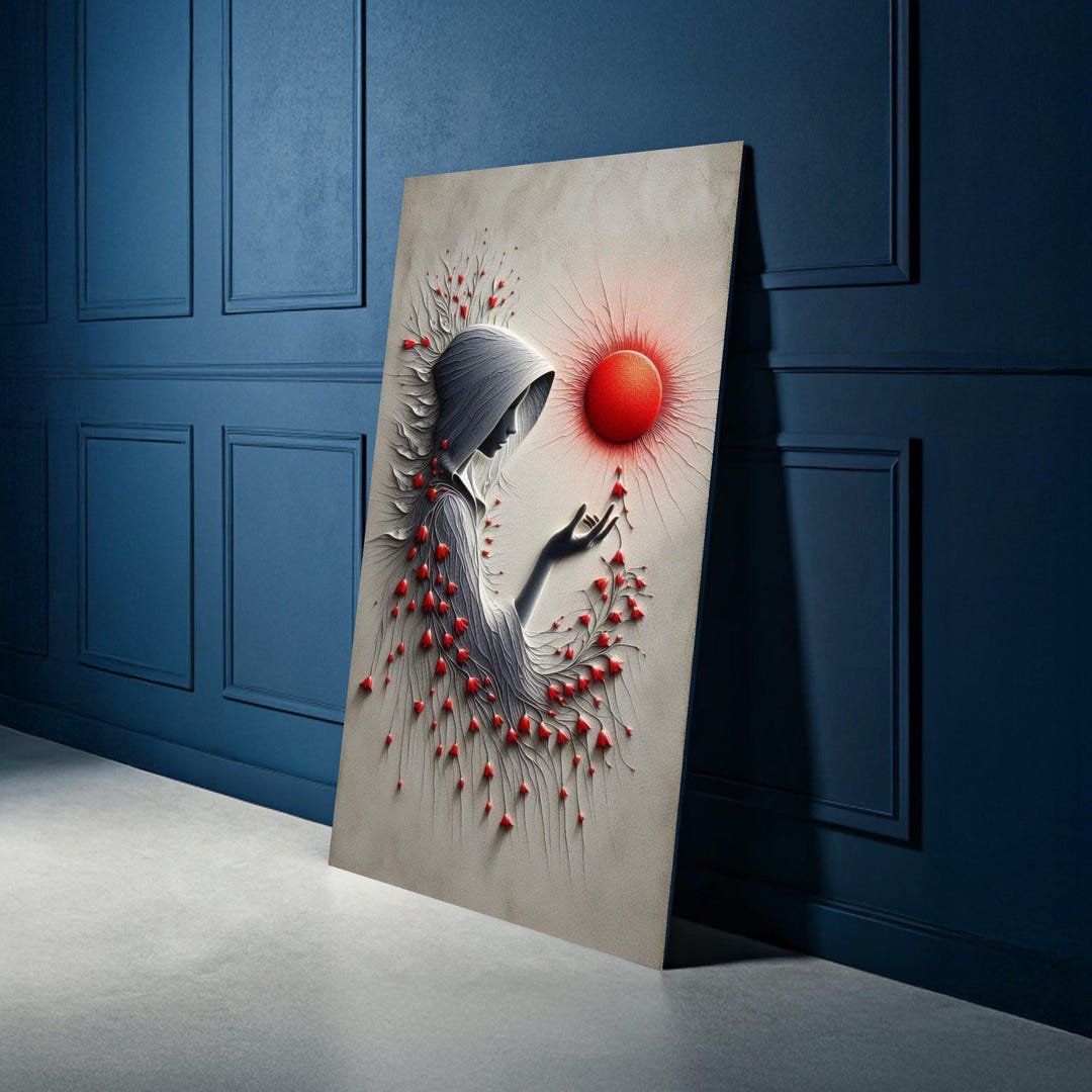 Mystical Hooded Figure With Red Blossoms Canvas, Surreal Woman Art, Red ...