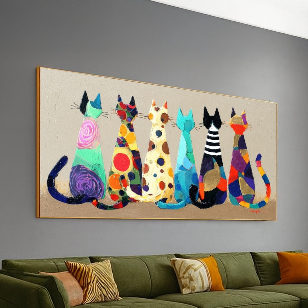 Colorful Modern Cats Canvas Wall Art, Abstract Cat Painting, Vibrant ...