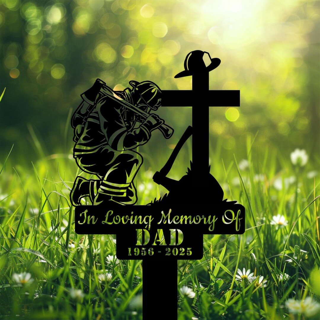 Personalized Fireman Memorial Metal Stake, Firefighter Cross Grave ...