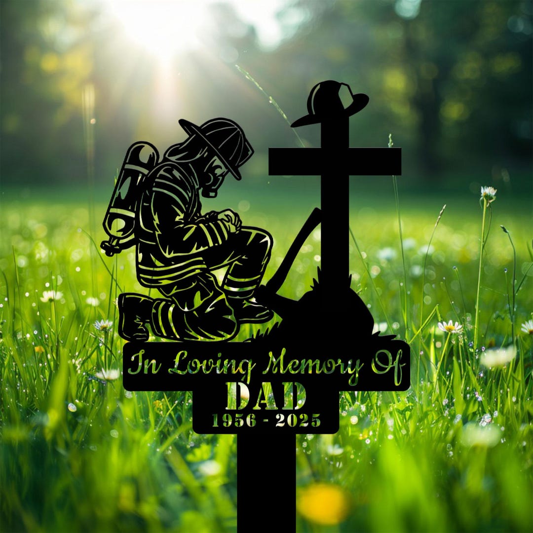 Personalized Fireman Memorial Metal Stake, Firefighter Cross Grave ...